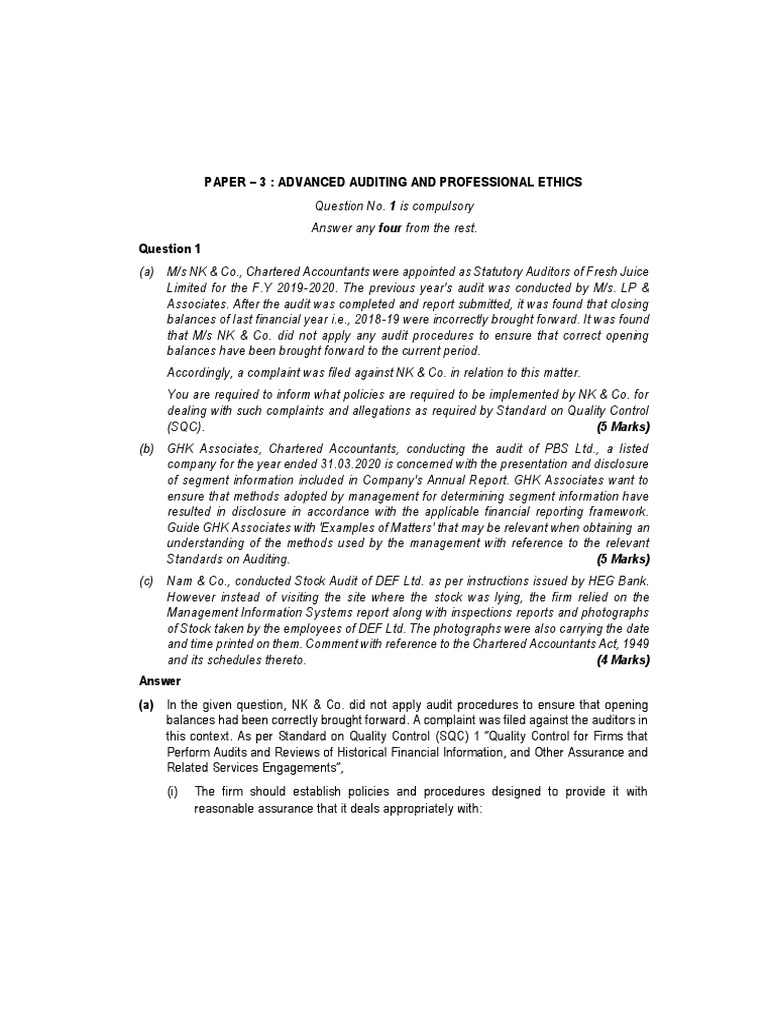 Audit (New) Suggested Ans CA Final Jan 21 | PDF | Audit | Internal Control