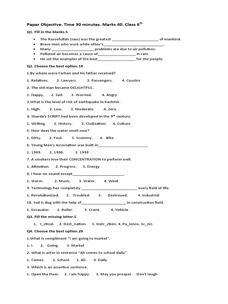 Class 6 English Model Question Paper | PDF | Verb | Adjective