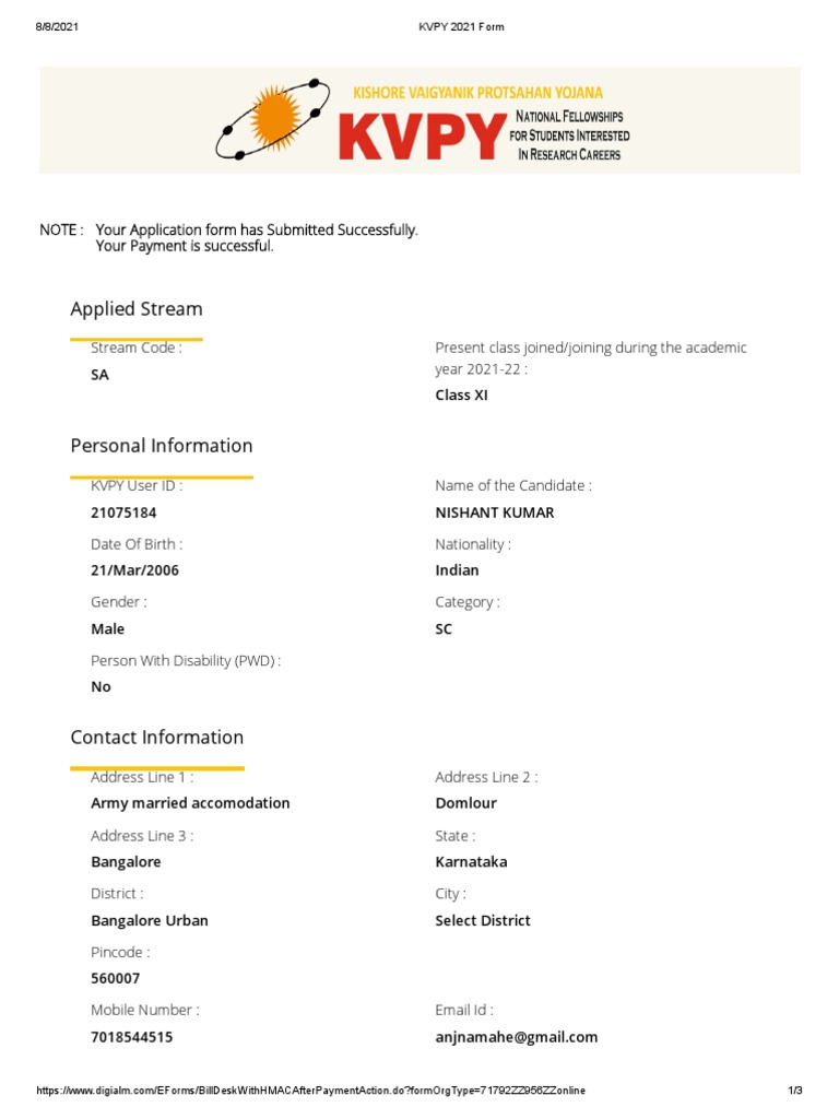 KVPY 2021 Form | PDF | Bangalore | Computing