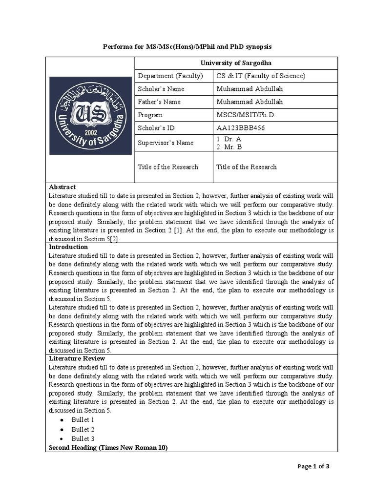 Proforma M.phil-Ph D Synopsis-Sample | PDF | Doctor Of Philosophy ...