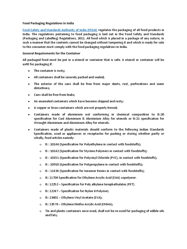 FSSAI Food Packaging Regulations Overview | PDF | Plastic | Polyvinyl ...