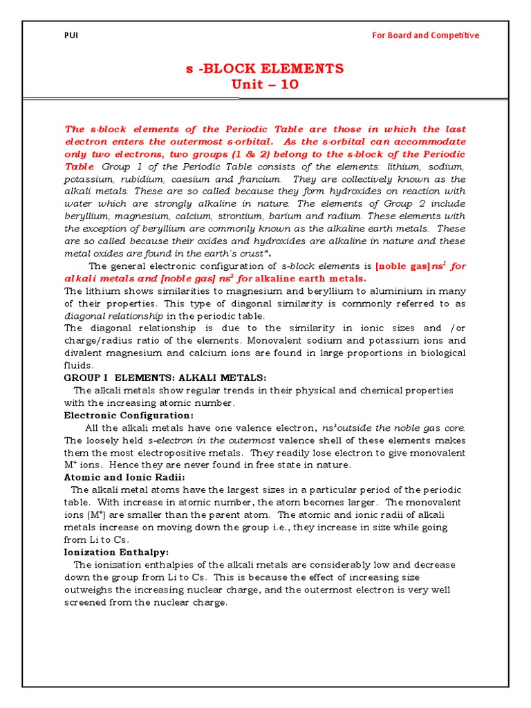 S - Block Elements Unit - 10: Group I Elements: Alkali Metals | PDF ...
