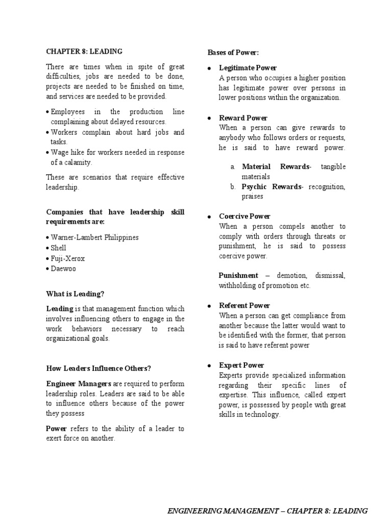 Engineering Management - Chapter 8: Leading | PDF | Leadership | Power ...