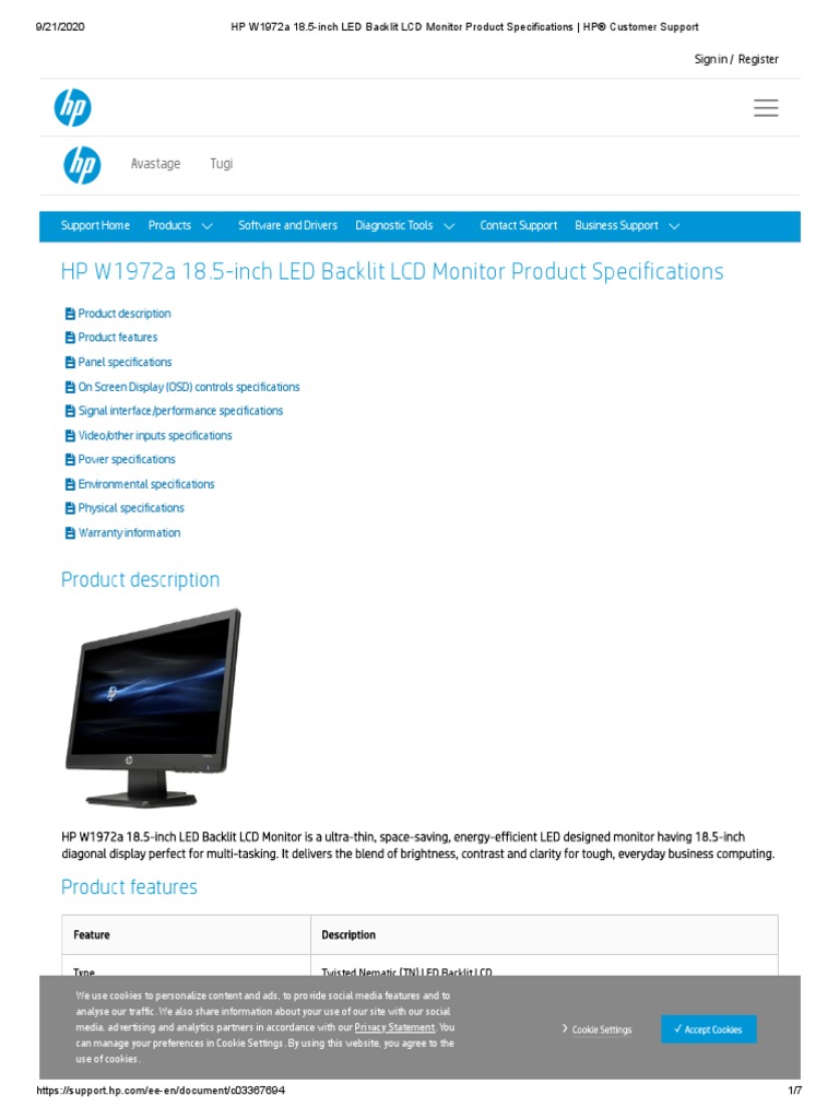 HP W1972a 18.5-Inch LED Backlit LCD Monitor Product Specifications ...