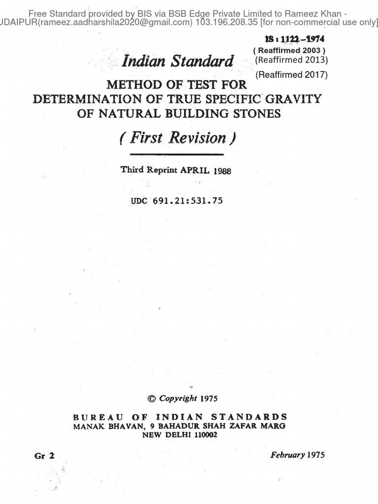 IS-1122 True Specific Gravity | PDF | Physical Quantities | Metrology