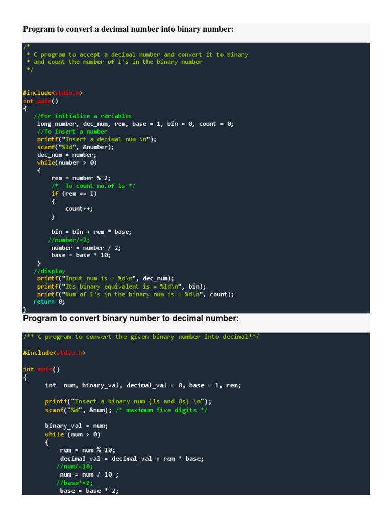 Program To Convert A Decimal Number Into Binary Number:: Stdio.h Main ...