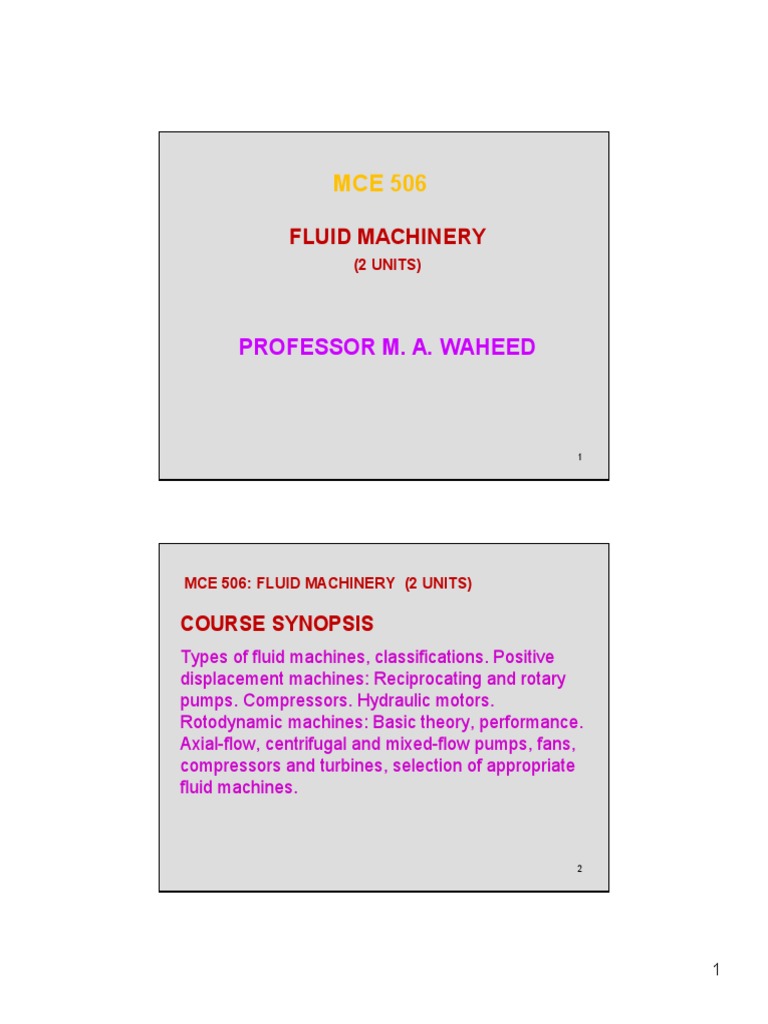 Lecture I - Classification of Fluid Machines - MCE 506 - Fluid ...