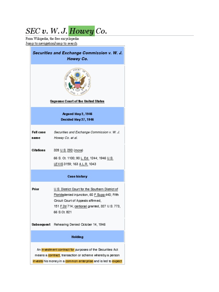 1.4 SEC V Howey Digest | PDF | United States Law | Supreme Court Of The ...