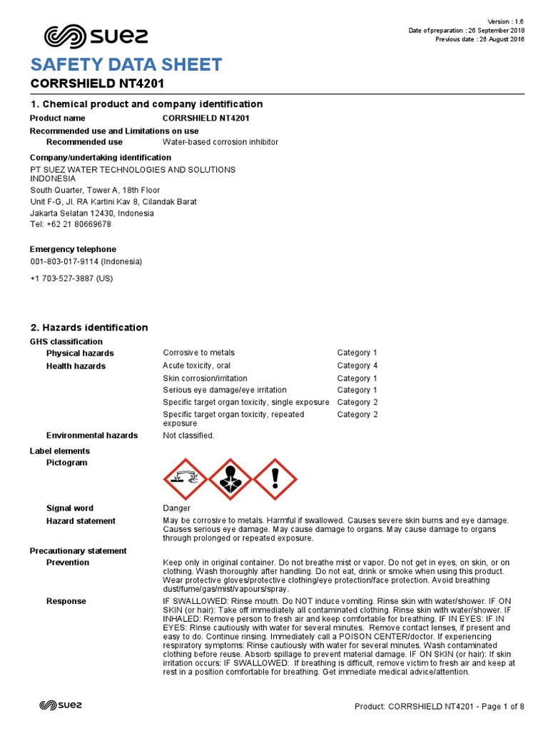 Corrshield Nt4201 Msds Suez | PDF | Toxicity | Dangerous Goods