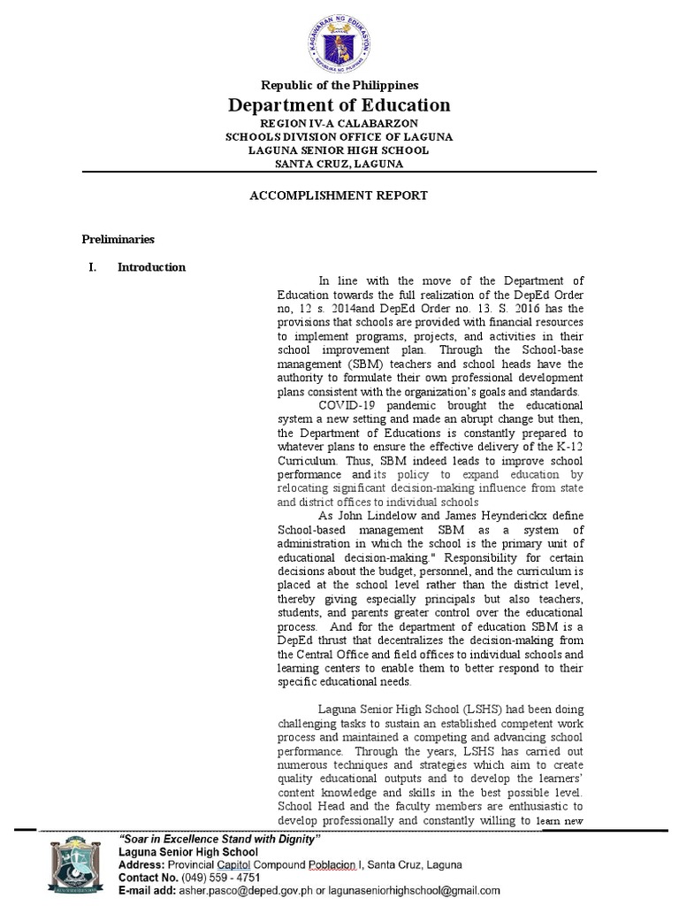 SBM Accomplishment Report | PDF | Teachers | Learning