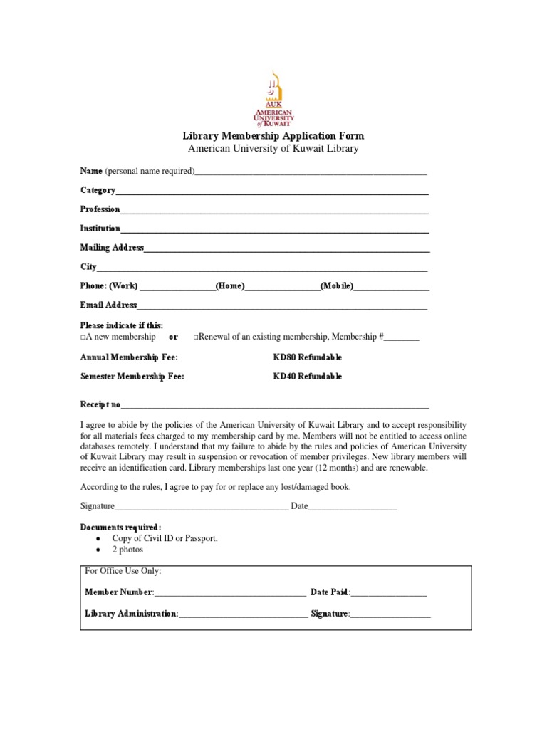 Library Membership Application Form: American University of Kuwait ...