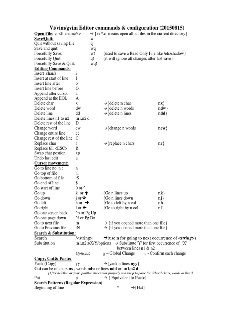 Vi/vim/gvim Editor Commands & Configuration (20150815) : Open File: VI Save/Quit | PDF ...