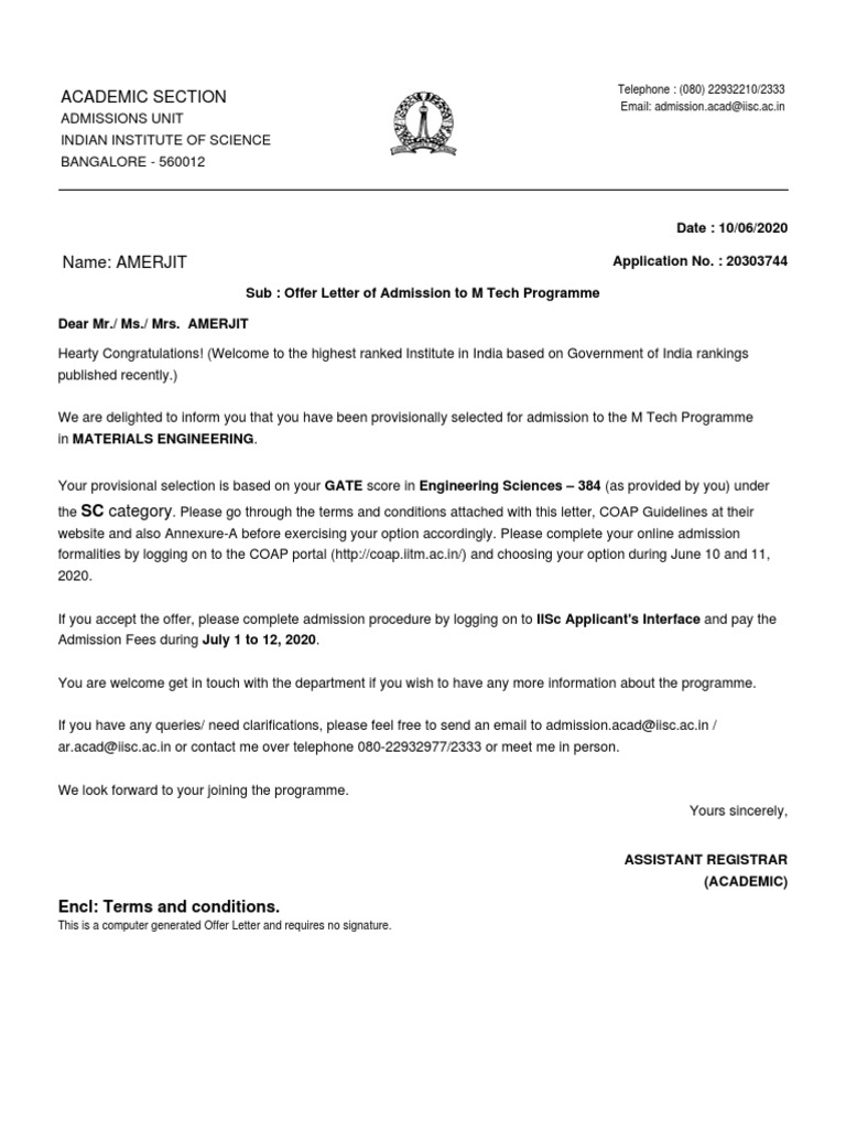Iisc OfferLetter - 20303744 | PDF | University And College Admission ...