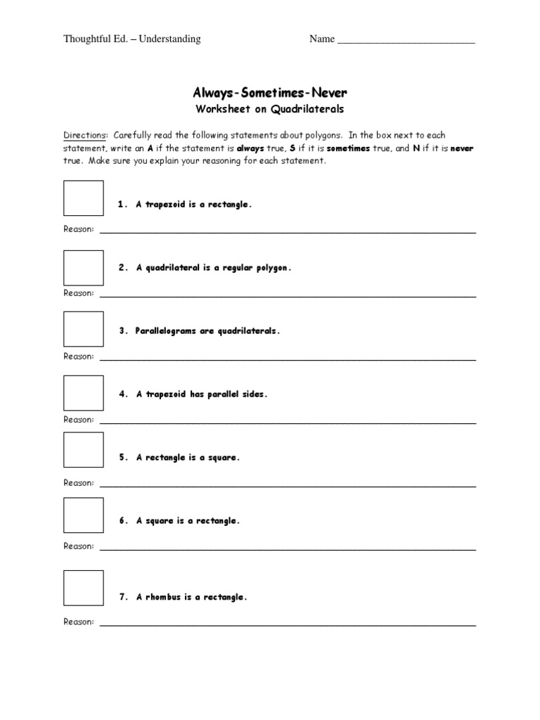 Quadrilaterals: Always-Sometimes-Never Worksheet | PDF | Language Arts ...