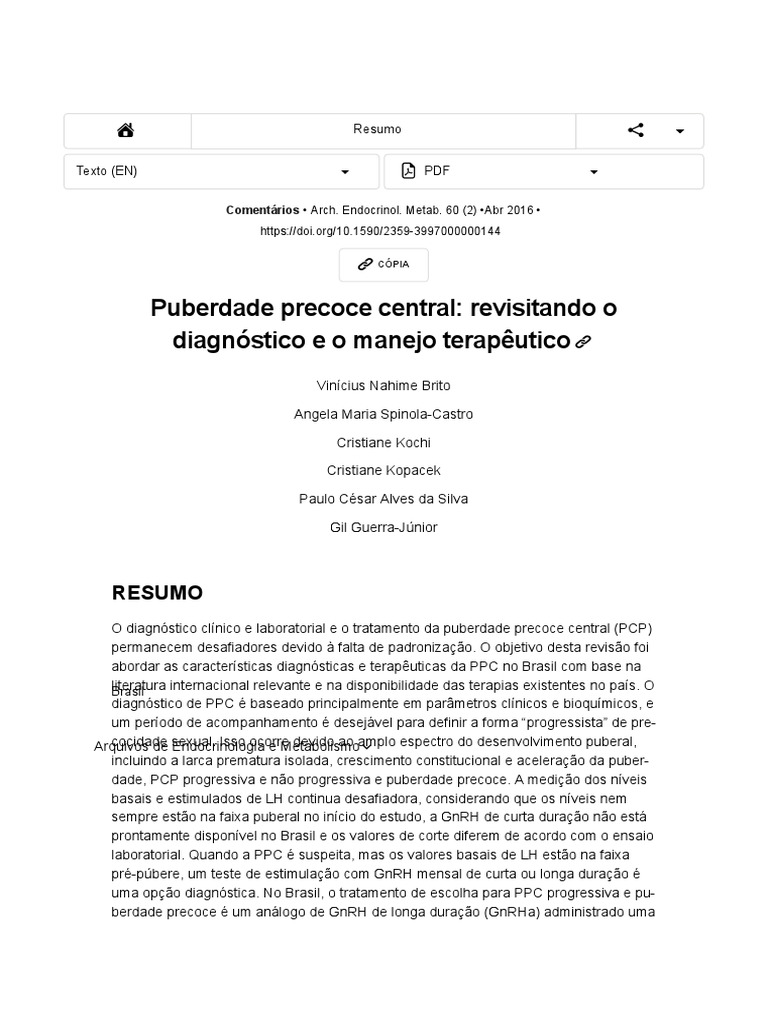 Puberdade Precoce Central: Revisitando o Diagnóstico e o Manejo Terapêutico | PDF | Hormônio ...