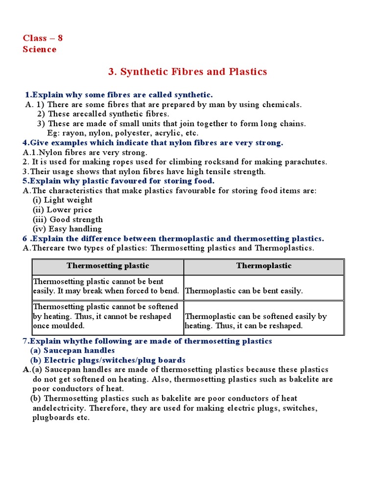 Synthetic Fibres and Plastics: Class - 8 Science | PDF | Plastic | Fibers
