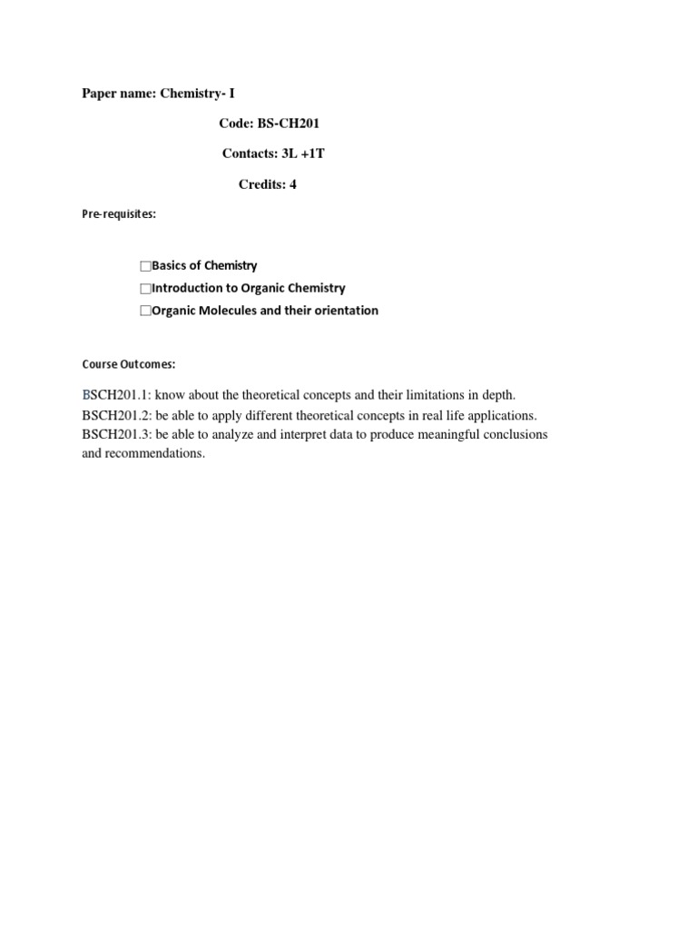 Paper Name: Chemistry-I Code: BS-CH201 Contacts: 3L +1T Credits: 4 | Download Free PDF ...
