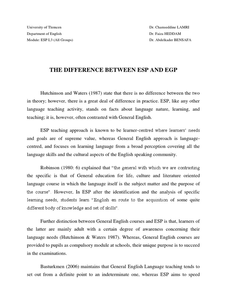 The Difference Between Esp and Egp | PDF | English As A Second Or Foreign Language | Language ...