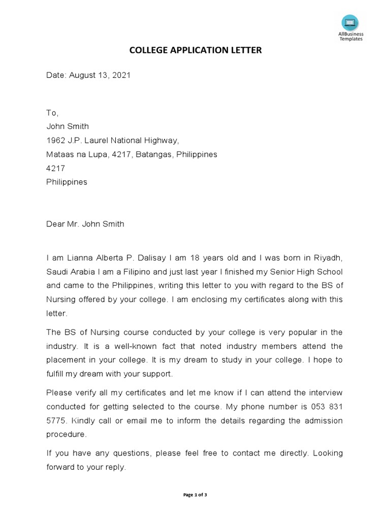 College Application Letter: Page 1 of 3 | PDF