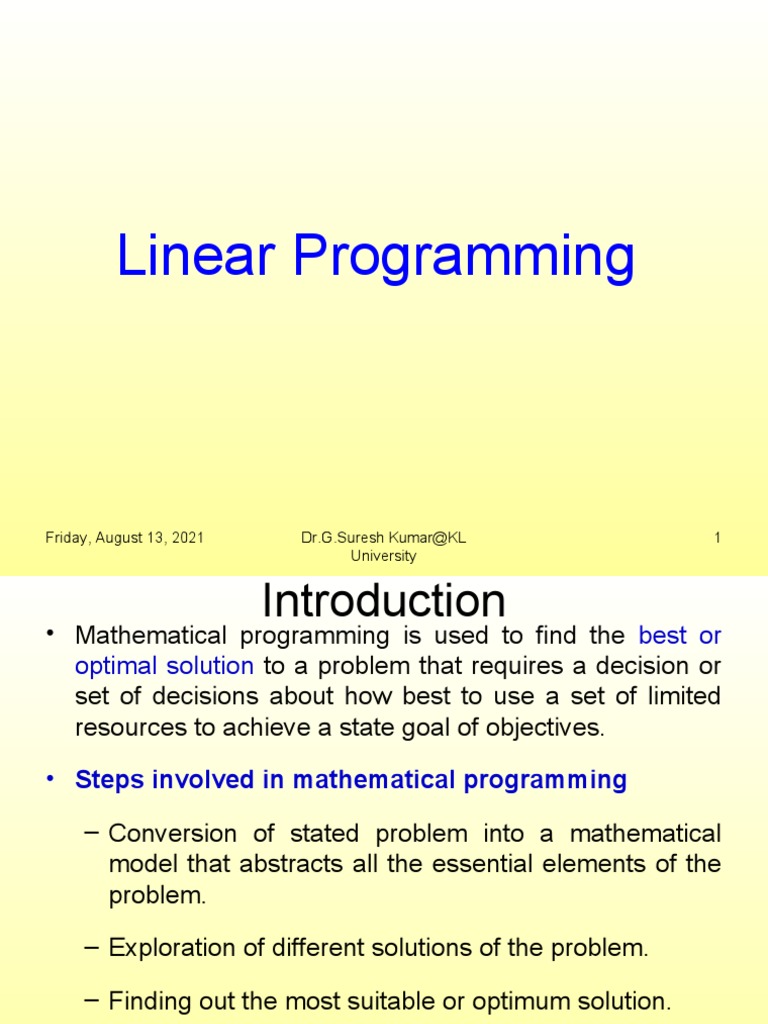 Linear Programming: Friday, August 13, 2021 1 Dr.G.Suresh Kumar@KL University | PDF ...
