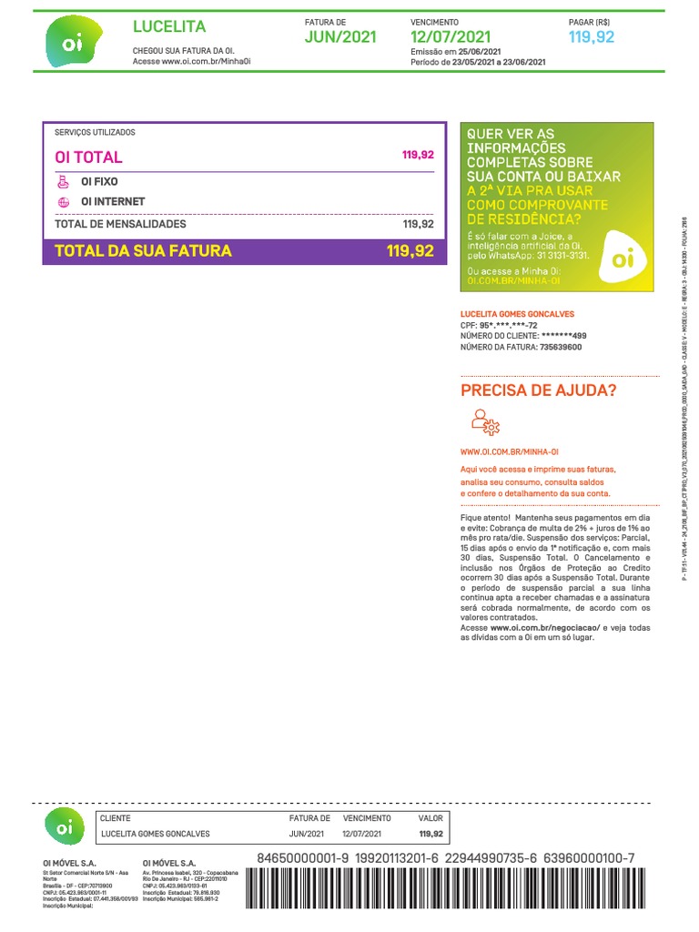 Conta Oi - Junho - 2021 | PDF