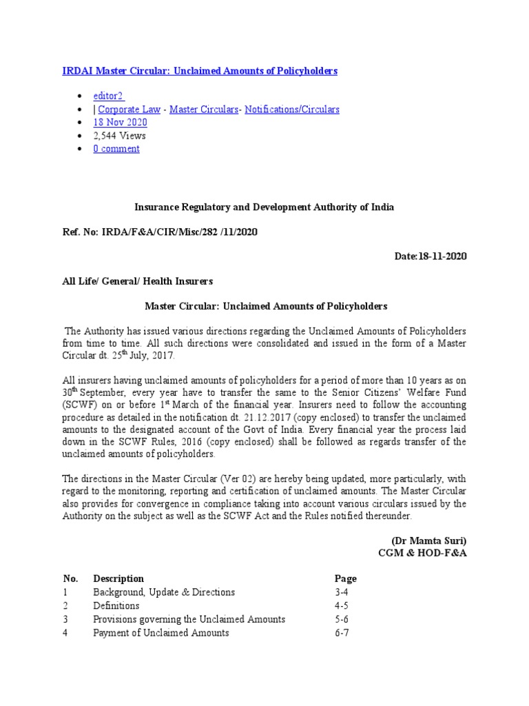 IRDAI Guidelines on Unclaimed Policy Amounts | PDF | Insurance ...