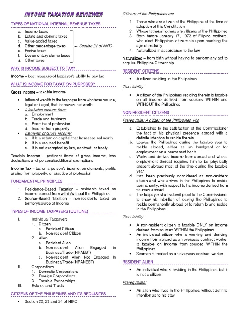 Income Taxation Reviewer | PDF | Taxes | Taxpayer