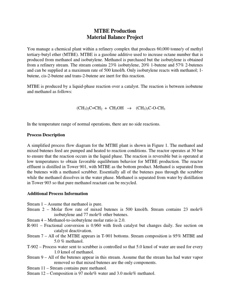 MTBE Production Material Balance Project: Process Description | PDF ...