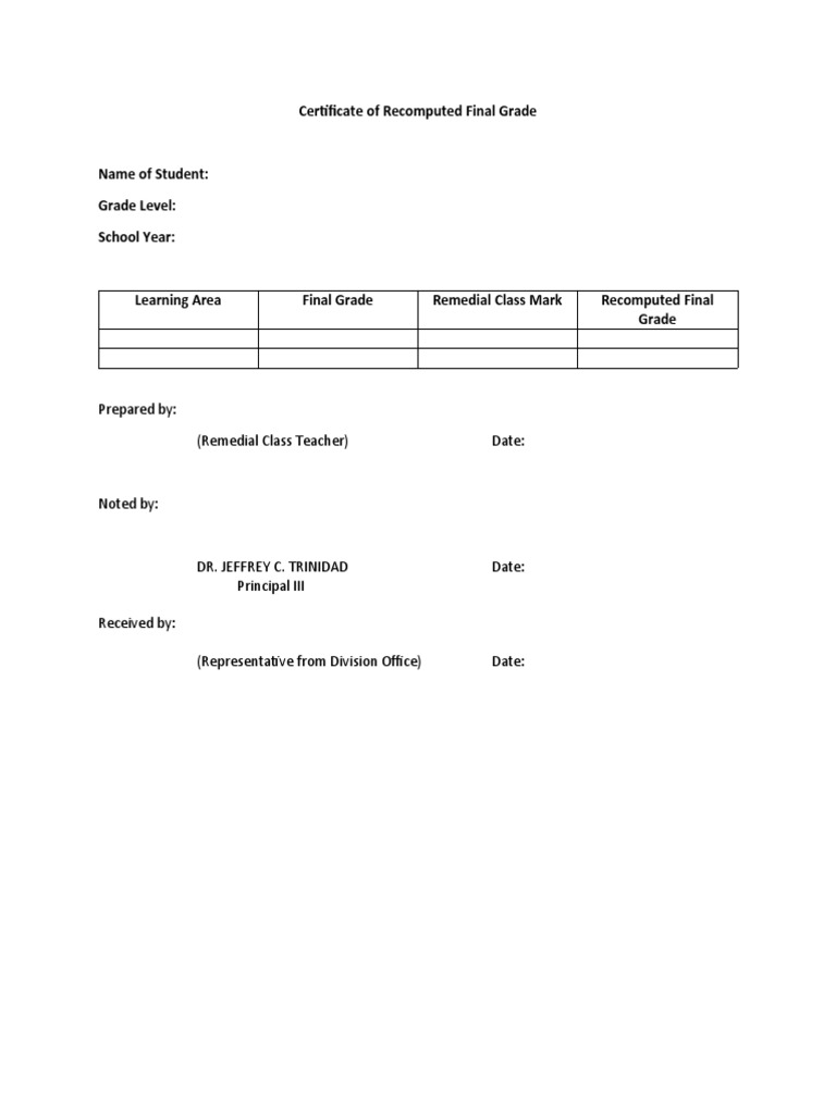 Certificate of Recomputed Final Grade | PDF