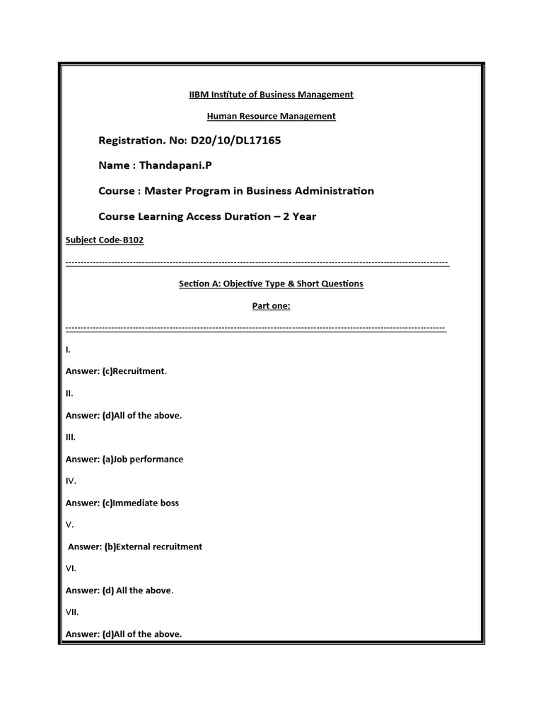 Human Resource Management Answer Sheet 1 | Download Free PDF | Human ...
