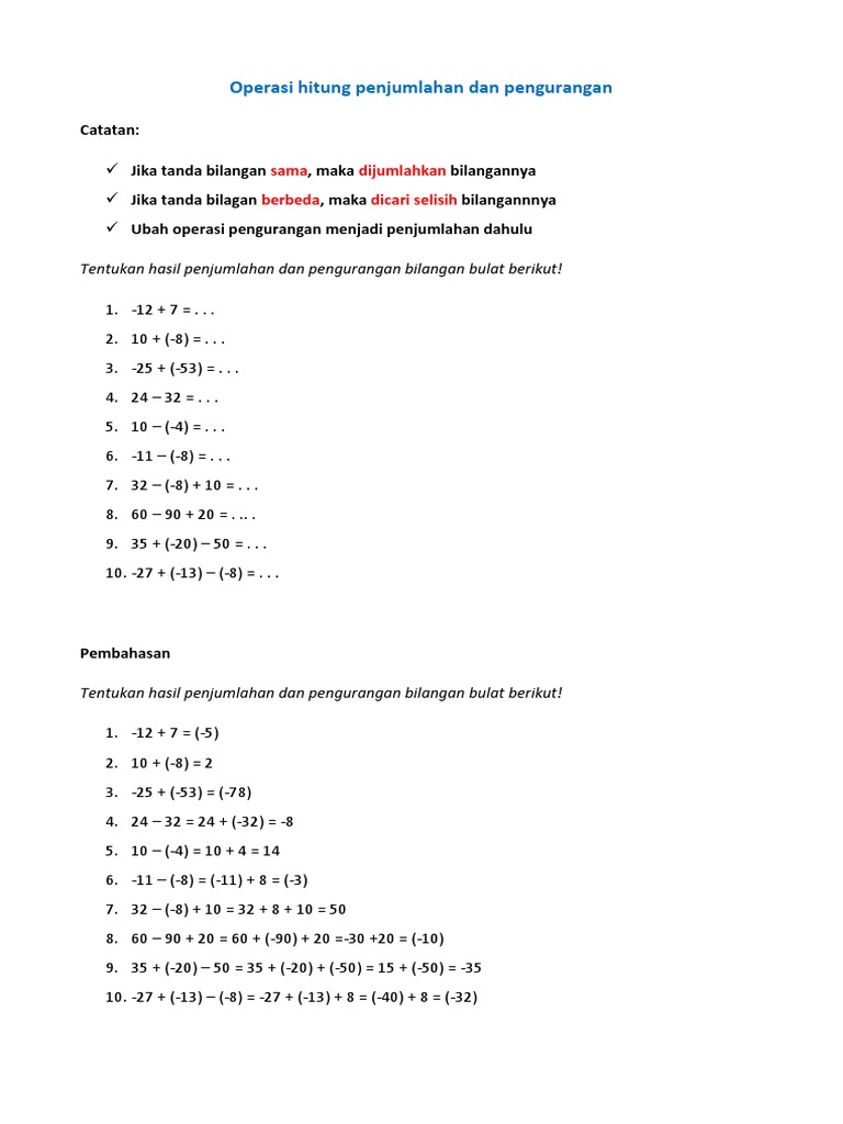 Operasi Hitung Penjumlahan Dan Pengurangan | PDF
