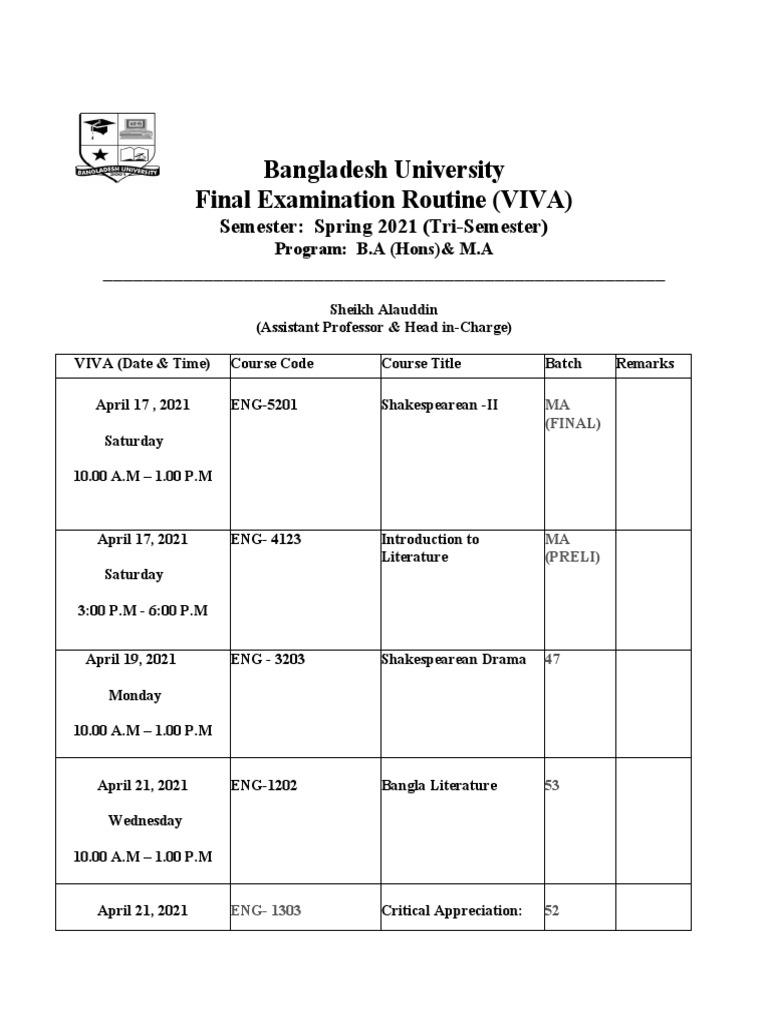 Final Exam Routine, Spring-2021 | PDF | Academia | Cognition