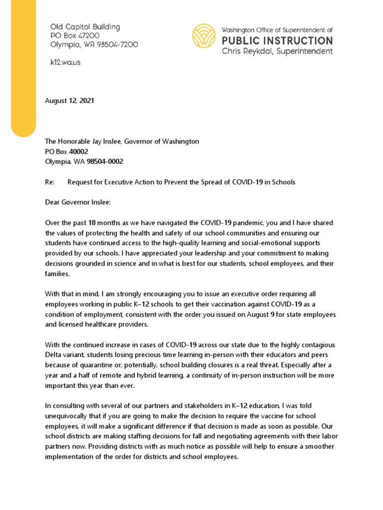 Superintendent Reykdal Letter To Gov. Inslee Requesting COVID-19 ...