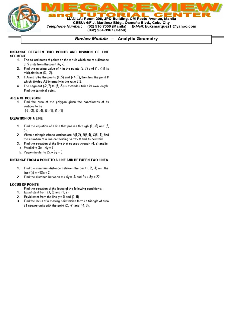 Review Module: - Analytic Geometry | PDF