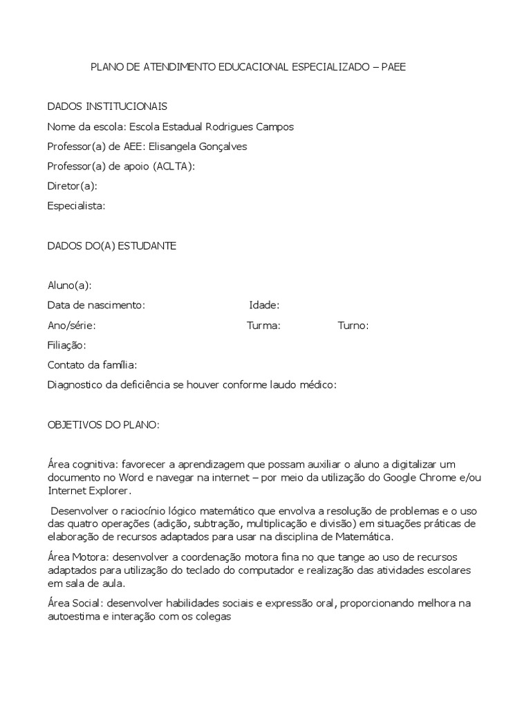 Paee Plano De Atendimento Educacional Especializado Pdf Educação