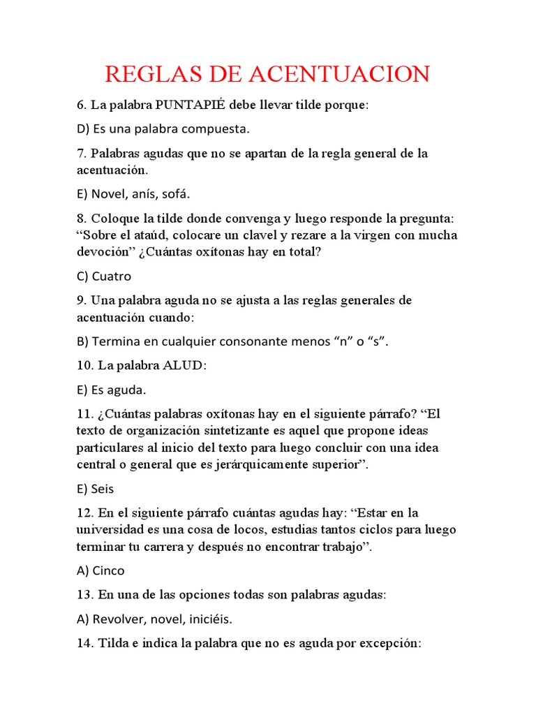 Reglas de acentuación: preguntas sobre la clasificación y acentuación ...