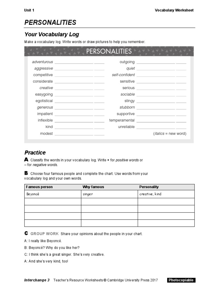 Interchange5thEd Level3 Unit01 Vocabulary Worksheet | PDF