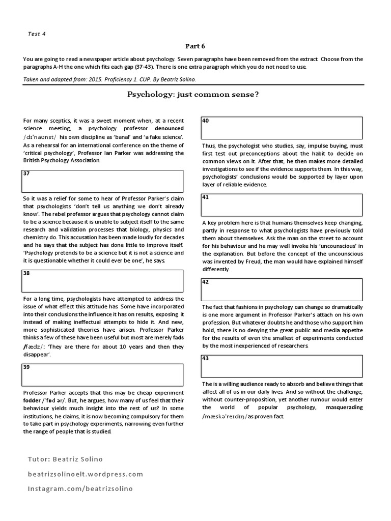 Cpe 1 Reading Part 6 Test 4 Answers | PDF | Psychology | Science