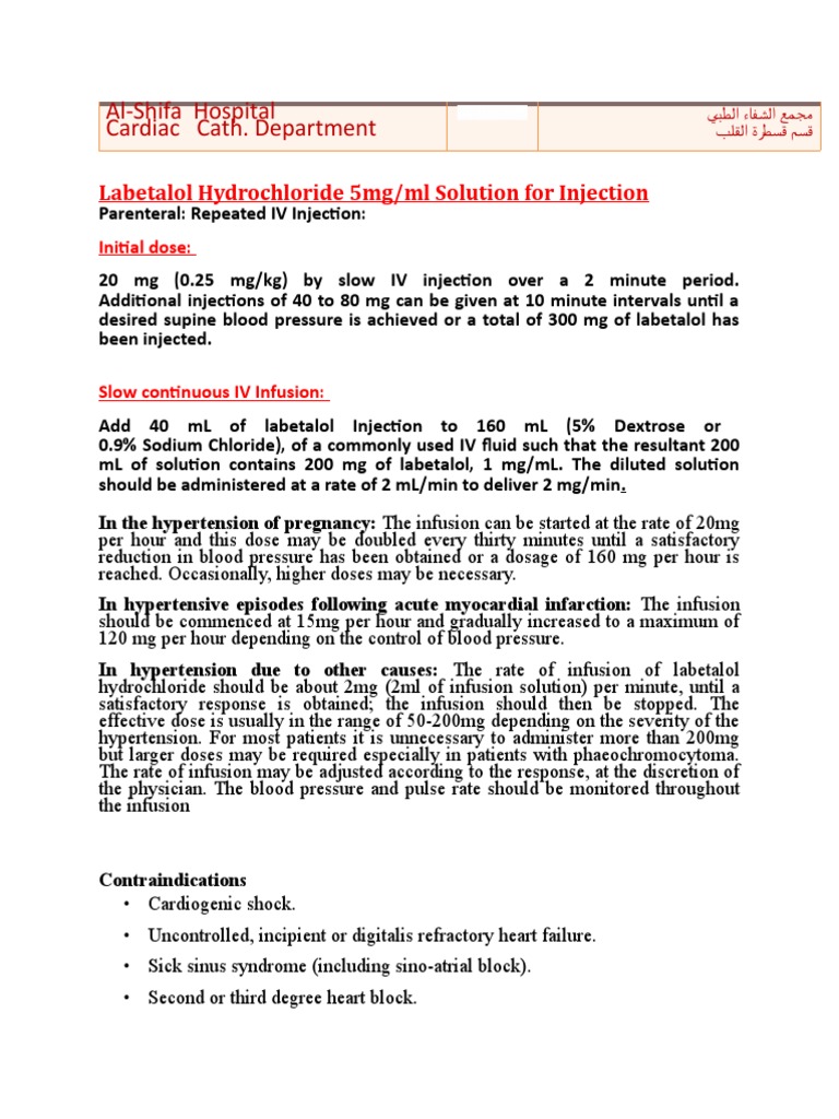 Al-Shifa Hospital Cardiac Cath. Department: Labetalol Hydrochloride 5mg ...