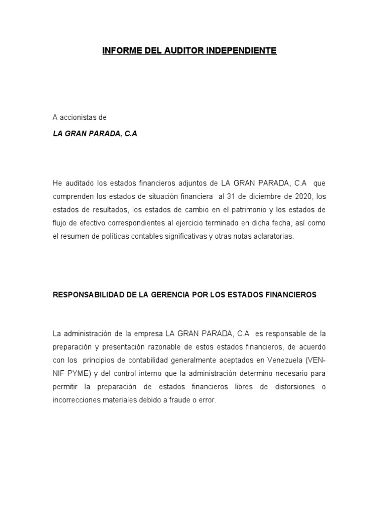 Informe de Auditor Independiente Con Salvedad Venezuela | PDF | Auditoría | Estado financiero