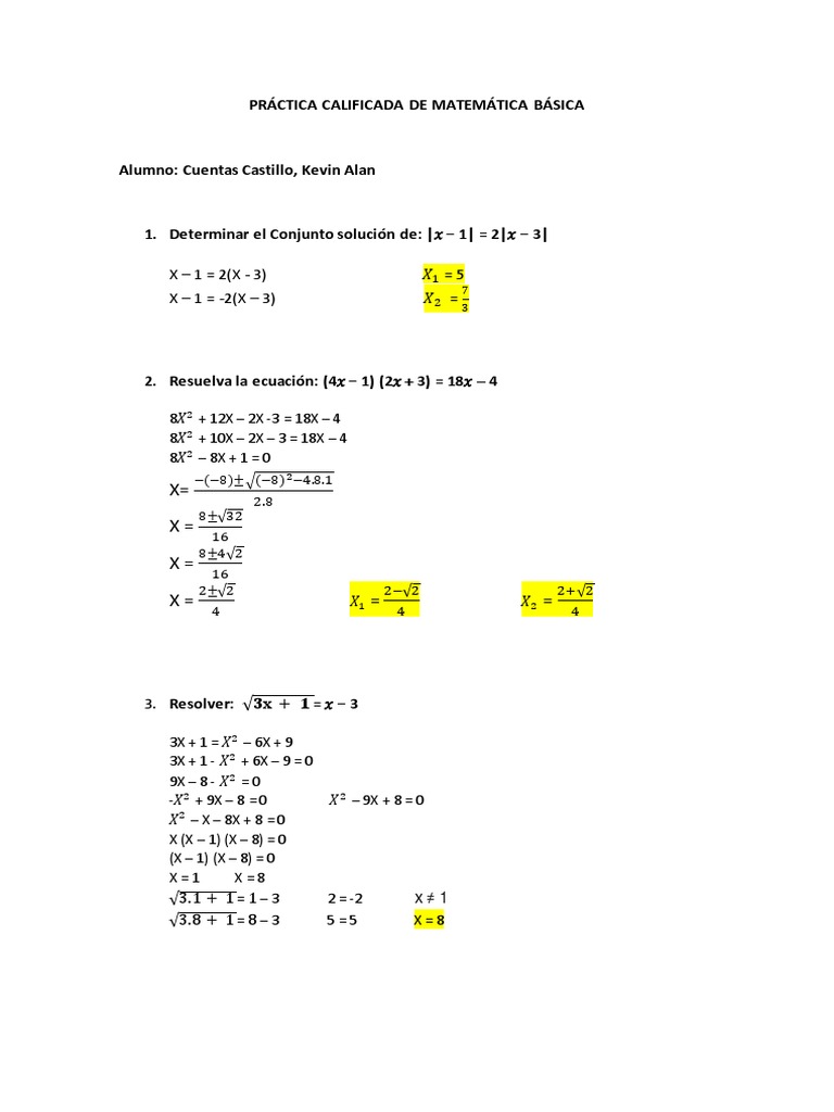 Práctica Calificada de Matemática Básica | PDF