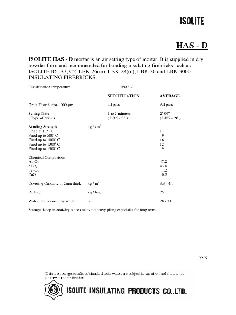 Has - D: ISOLITE HAS - D Mortar Is An Air Setting Type of Mortar. It Is ...