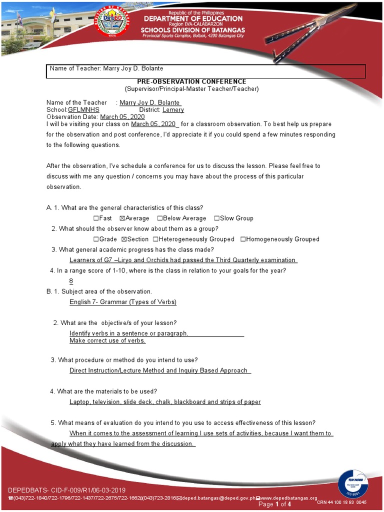 Pre-Observation Conference: DEPEDBATS-CID-F-009/R1/06-03-2019 | PDF ...