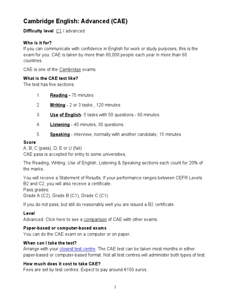 Cambridge English: Advanced (CAE) : Closest Test Centre | PDF
