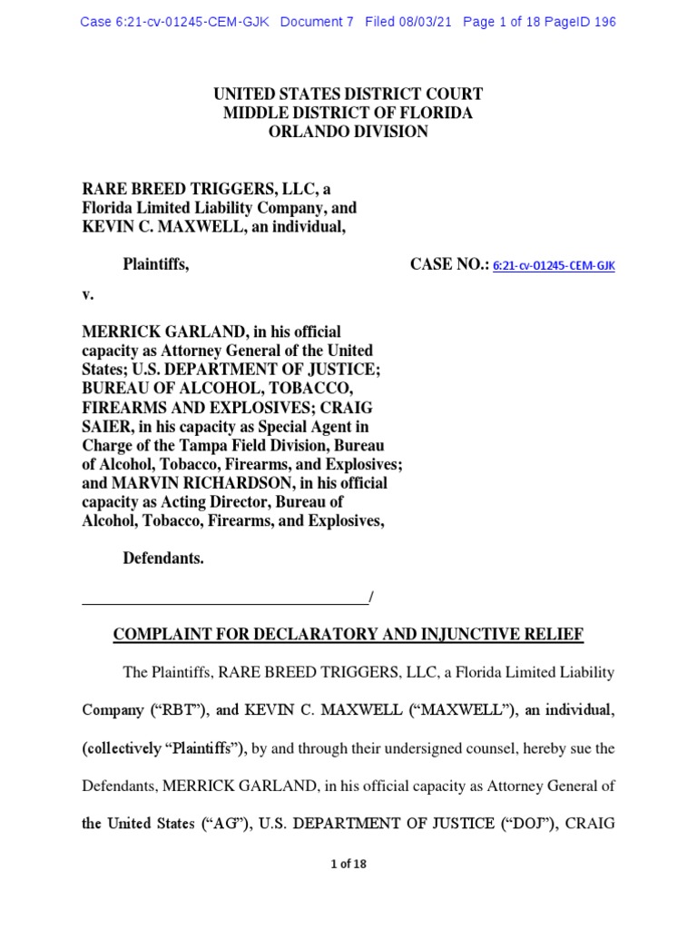 US DIS FLMD 6 21cv1245 COMPLAINT For Declaratory and Injunctive Relief Ag Opt | PDF | Diversity ...