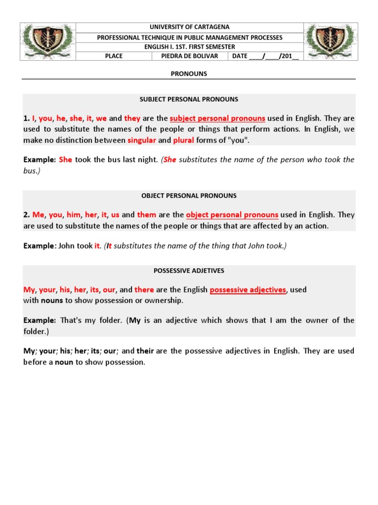 Lecturas Principales. Personal Pronouns - Object Pronouns - Possessive ...