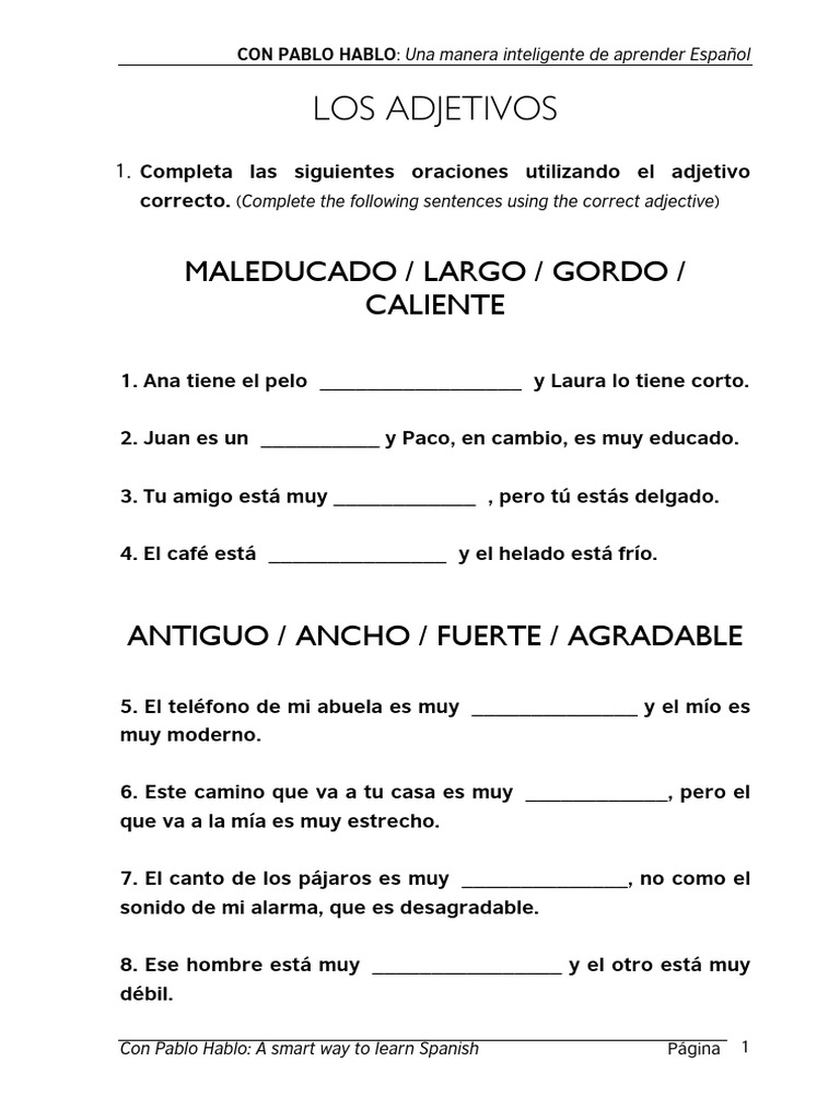 Clase de Espanol Ejercicio Adjetivos | PDF