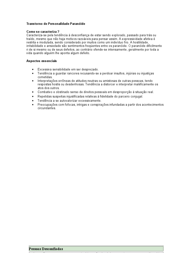 Transtorno de Personalidade Paranóide | PDF | Distúrbio mental ...