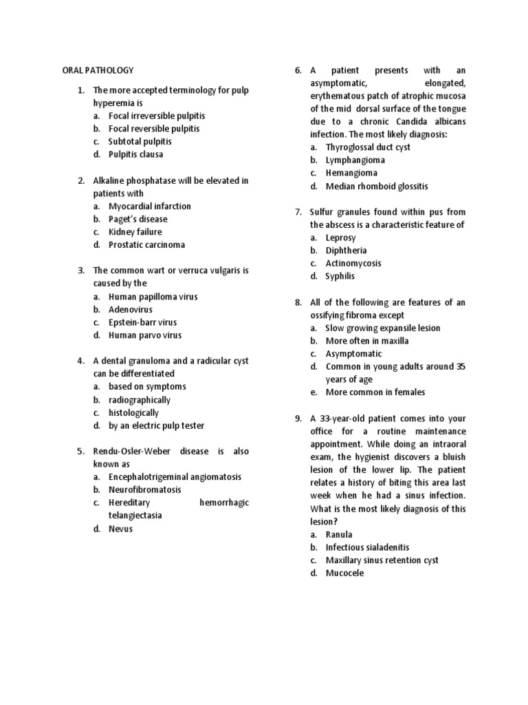 Oral Pathology Exam Questions Guide | PDF | Medical Specialties | Mouth