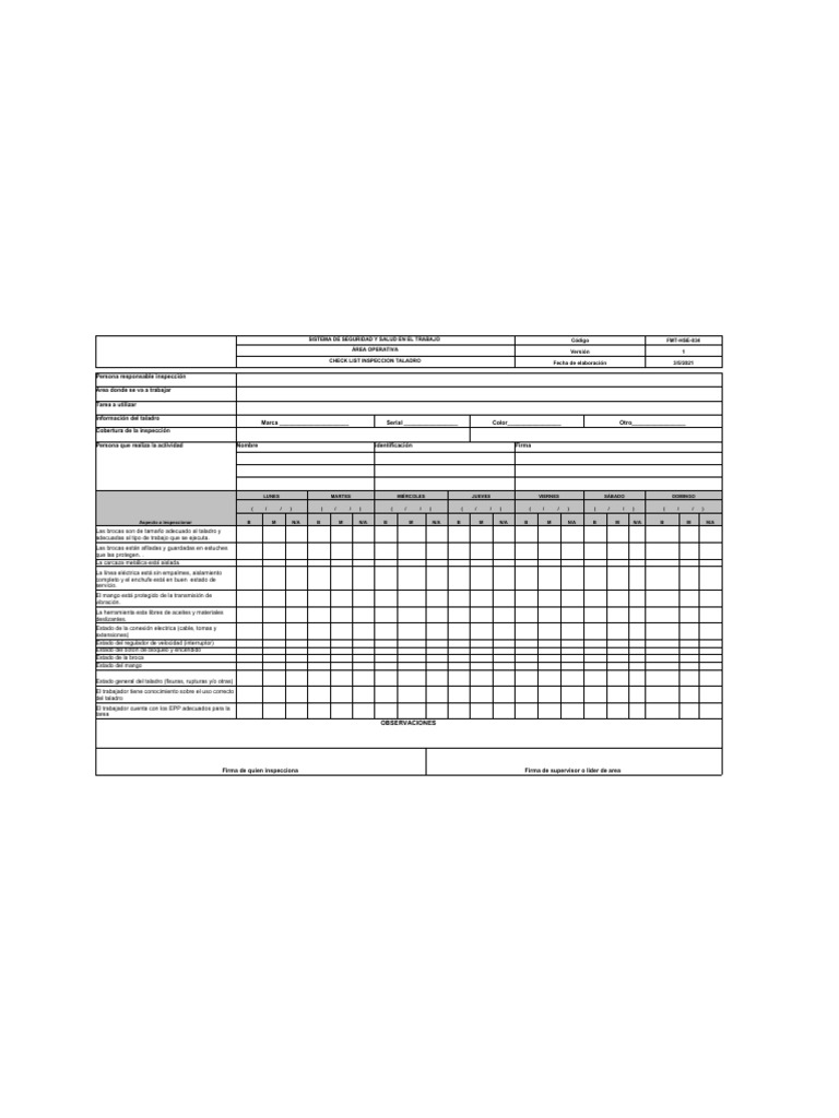 FMT Hse 034 Checklist Inspección Taladro | PDF | Perforar | Bienes manufacturados